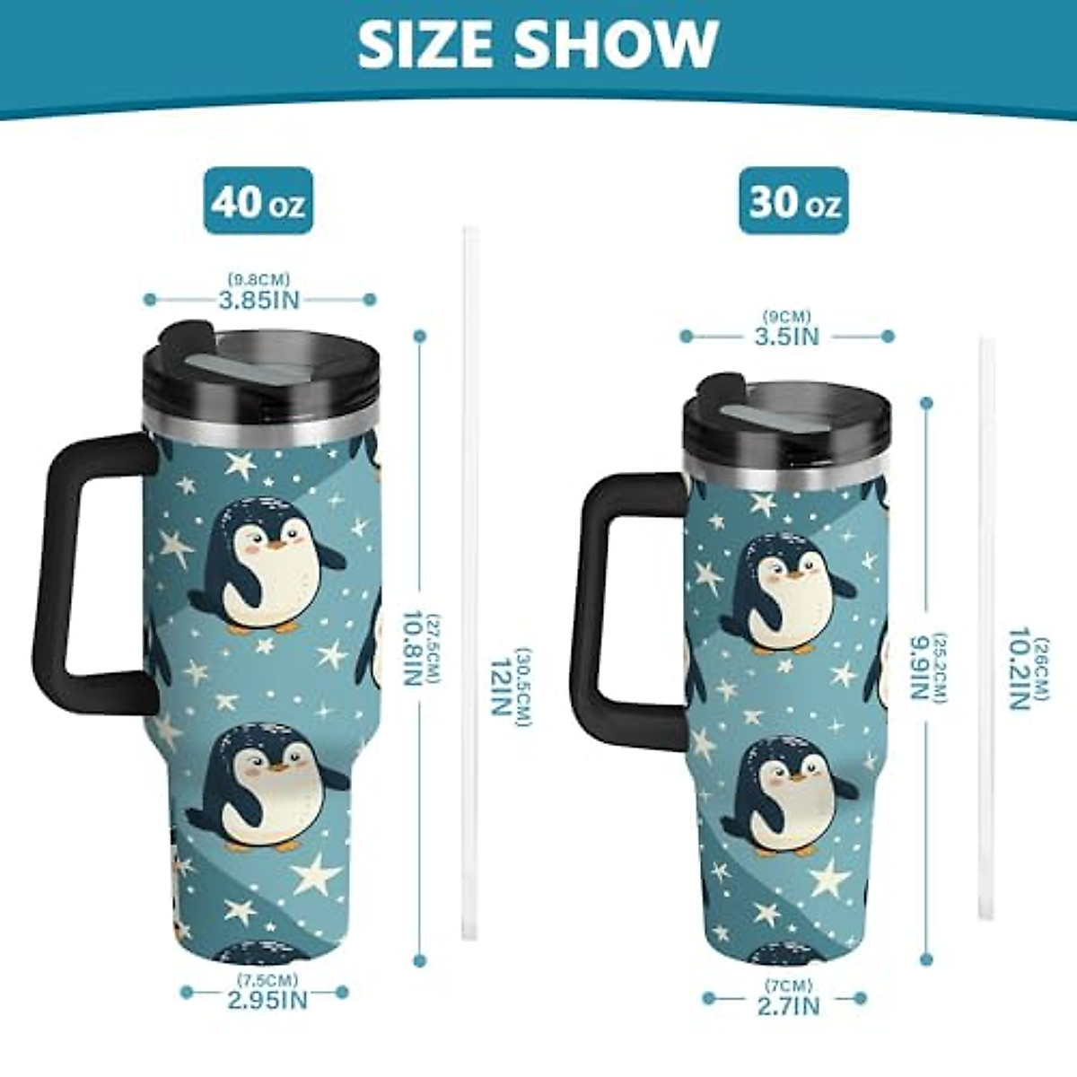 FRCSDIY Cute Penguin Insulated Tumbler with Handle and Straw Lid,40oz Leakproof Stainless Steel Cup BPA-Free Water Bottle