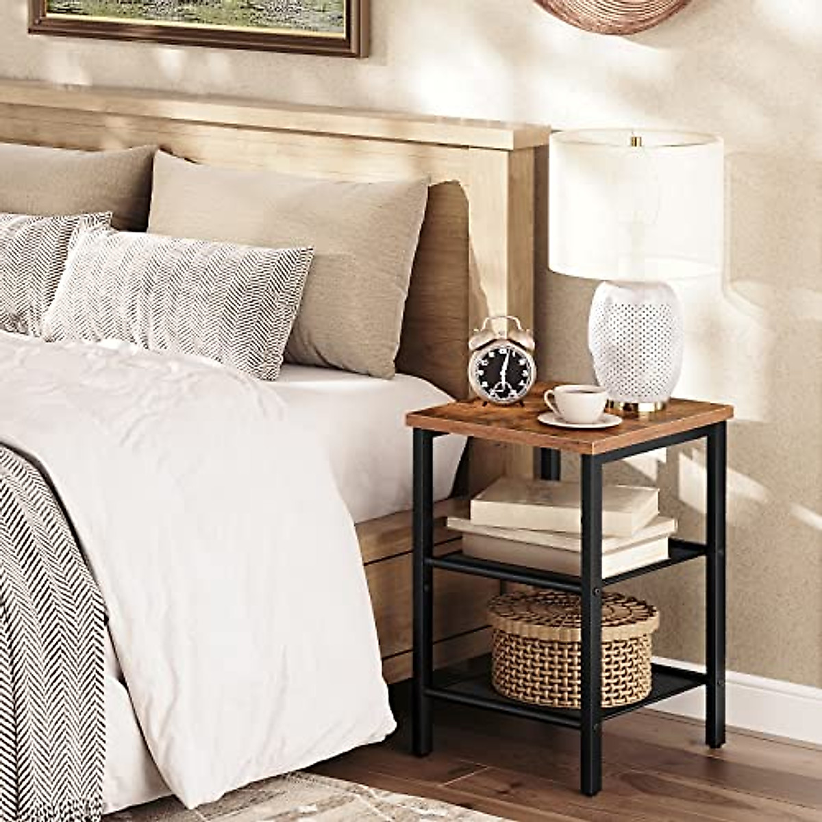 HOOBRO End Table, Nightstands Set of 2, 3-Tier Side Table with Mesh Shelves, Industrial End Table for Small Space in Living Room, Bedroom and Balcony, Stable Metal Frame, Rustic Brown BF21BZP201