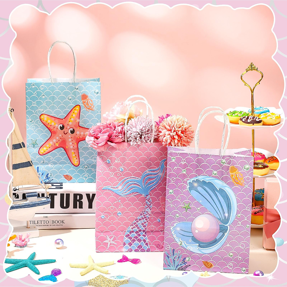 Outus 24 Pcs Mermaid Birthday Party Favor Bags Mermaid Gift Bags Under the Sea Goodie Treat Gift Wrap Bags Kraft Paper Candy Bags for Kids Mermaid Princess Baby Shower Party Supplies