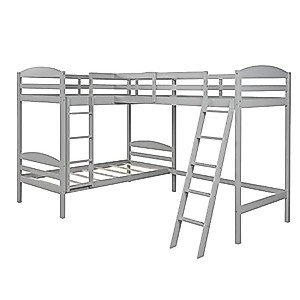UBGO L Shape Three Bed Loft Bed, Bunk Bed Three Beds, Space Saving Design with Step Ladder and Safety Railing, Kid Teen Bedroom Dormitory Storage Corner Bunk Bed - Gray