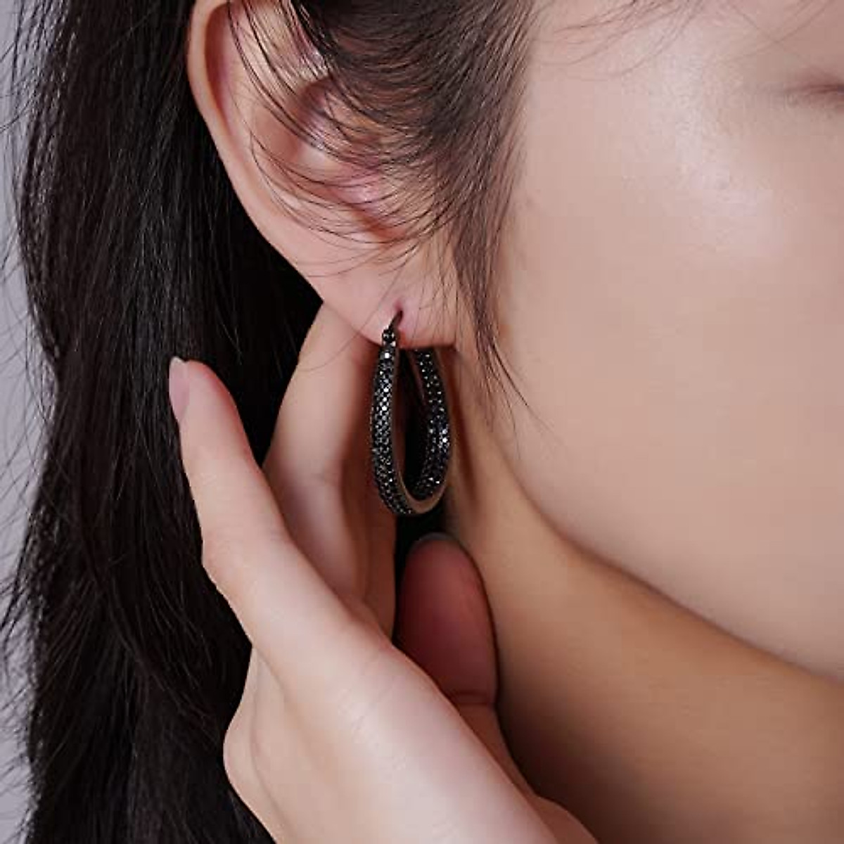 925 Sterling Silver Post Hoop Earrings for Women Gilrs Black Cubic Zirconia Oval Chunky Black Hoop Earrings weinuo Jewelry