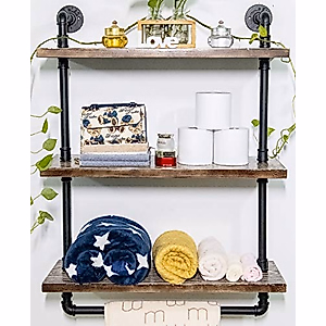 BIXIRAO Industrial Wall Mounted Iron Floating Pipe Shelves/Shelving/Racks/Storage/Bookcases/Brackets, DIY Open Bookshelves/Shelving for Kitchen/Office, Retro Black (3-Tier Floating Shelves)