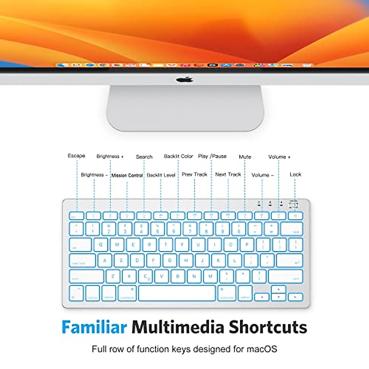 Emetok Bluetooth Keyboard for Mac [7-Colors Backlit, Aluminum Base], Ultra Slim Rechargeable Bluetooth 5.1 Keyboard [Upgraded Scissor Keys] for MacBook Air/Pro, iMac, iMac Pro, Mac Mini/Pro, Silver
