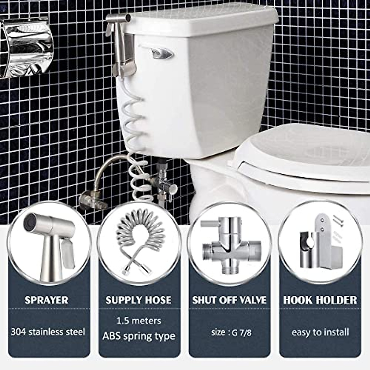Handheld Bidet Sprayer Toilet Kit - Water Tank Hook and 59in ABS Flexible Telescopic Shower Hose