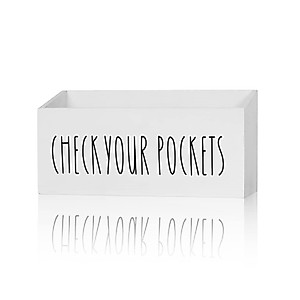 Pocket Treasures Holder, Laundry Room Organization, Magnetic Laundry Money Coin Caddy, Farmhouse Check Your Pockets Sign Bin Box Wall Mount, Laundry Storage Organizer Decor Container (Black)