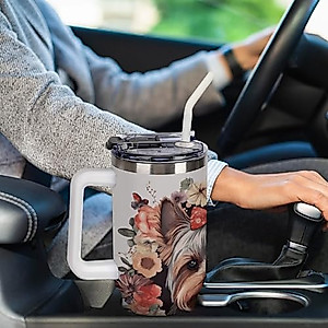 WYUSPGK 40oz Stainless Steel Car Mug, Yorkie Floral Print Travel Mug, Double-Wall Insulated with Straw, Perfect for Car, Office, Outdoor