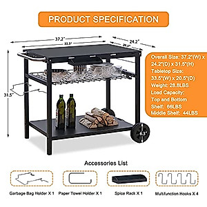 PIZZELLO Three-Shelf Outdoor Grill Dining Cart Movable BBQ Trolley Multifunctional Solid Steel Food Prep Worktable with Two Wheels