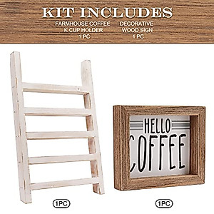 GENMOUS Farmhouse K Cups Ladder Coffee Pod Holder For Countertop, Rustic Wood Keurig Pod Holder K cup Organizer For Home Kitchen Storage, Coffee Station Organizer For Coffee Bar Accessories White