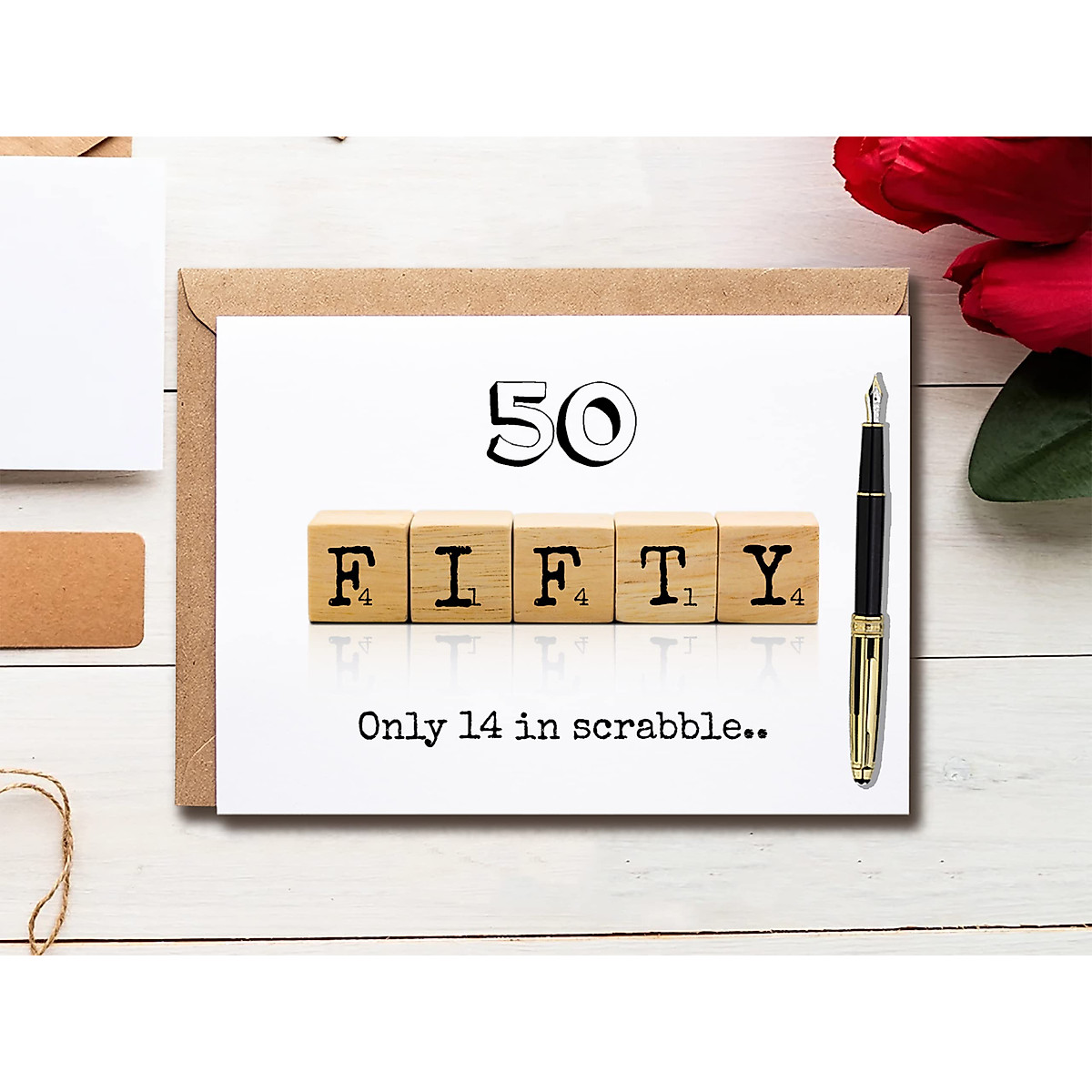 Scrabble 50Th Decade Birthday Card - 50 Its Only 14 In Scrabble - Birthday Greeting Card - Funny Greeting Card - Meaningful Greeting Cards.
