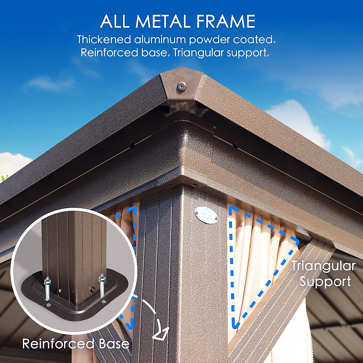 Kozyard Caesar 10'x12' Hardtop Gazebo - Permanent Metal Pavilion with Netting Shaded Curtains for Patio, Backyard, and Deck - Galvanized Steel Outdoor Aluminum Canopy, Double Roof Gazebo (Dark Brown)