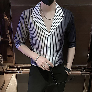 Men Striped Long Sleeve Button Down Shirts Lightweight Printed Slim Fit Shirts Classic Stylish Casual Business Shirt (Black,X-Large)