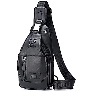 BULLCAPTAIN Genuine Leather Men's Sling Shoulder Backpack Multi-pocket Crossbody Chest Bags Travel Hiking Daypack with Earphone Hole (Black)
