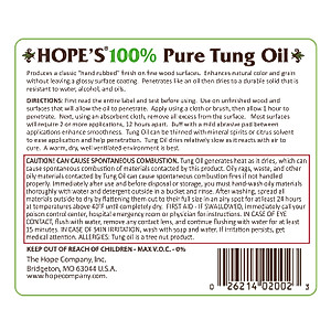 HOPE'S 100% Pure Tung Oil, Food Safe, Premium Waterproof Natural Wood Finish and Sealer for Indoor and Outdoor Projects, 32 Fl Oz, 1 Pack