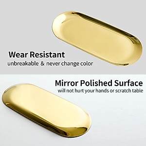 Dobbyby 2 Pack 9 Inch Gold Tray Decorative, Jewelry Dish Bathroom Vanity Tray Small Serving Tray Candle Holder Stainless Steel Cosmetics Tray Perfume Tray, Gold, 9"