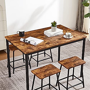 VECELO 5 Piece Dining Table Set for 4-6 Persons Rectangular Bar Dinette Metal and Wood Kitchen Furniture with 4 Stools for Breakfast Nook, Restaurant, Living Room, Space Saving, Industrial Brown