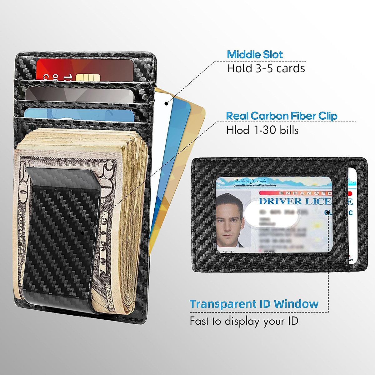 Travelambo Money Clip for Men Carbon Fiber Clip Wallet Leather Slim Minimalist Card Holder RFID Blocking (Weaved Black)