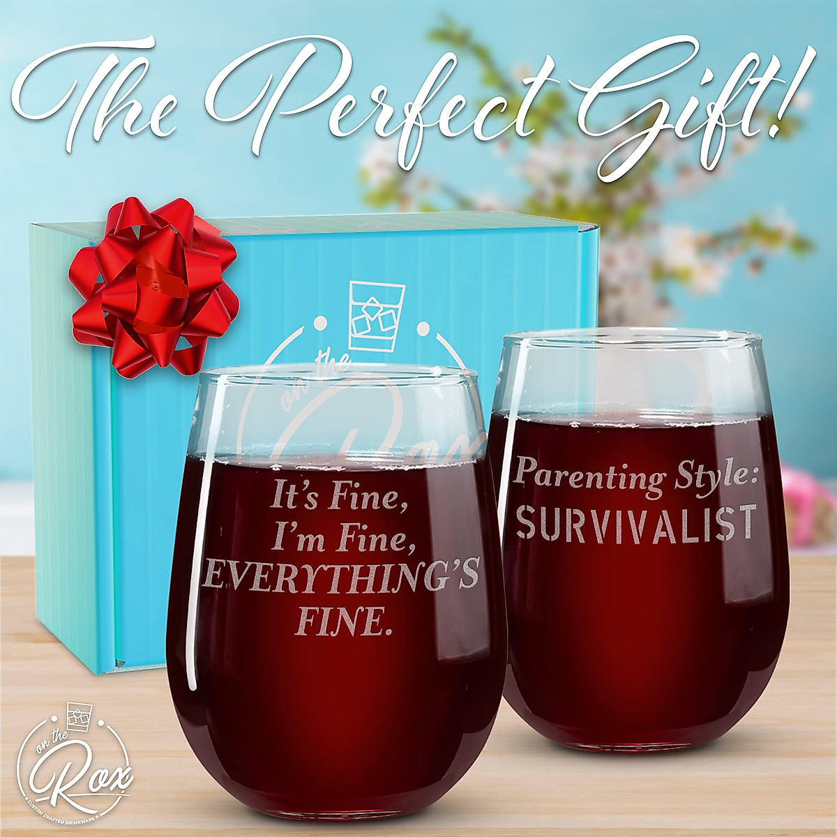 On The Rox Drinks Wine Gifts for Moms - 17oz Everything's Fine and Survivalist Stemless Wine Glass Set of 2 - Funny Mom Gifts for Mother's Day, Christmas, Birthday - Daughter's Best Mom Ever Gift