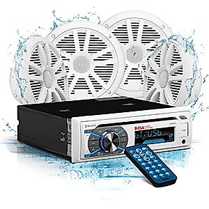 BOSS Audio Systems MCK508WB.64S Marine Boat Stereo Sound System Speaker Package - Single Din Radio Receiver Head Unit, No CD Player, Bluetooth Audio, Two 6.5 Inch Full Range Speakers, Dipole Antenna