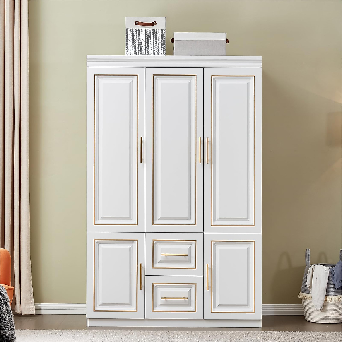 VivaVista White Armoire Wardrobe Closet with 3 Doors Wooden Bedroom Armoires Clothes, Wood Wardrobe Closets Storage Cabinet with Hanging Rod Shelves Drawers Closets