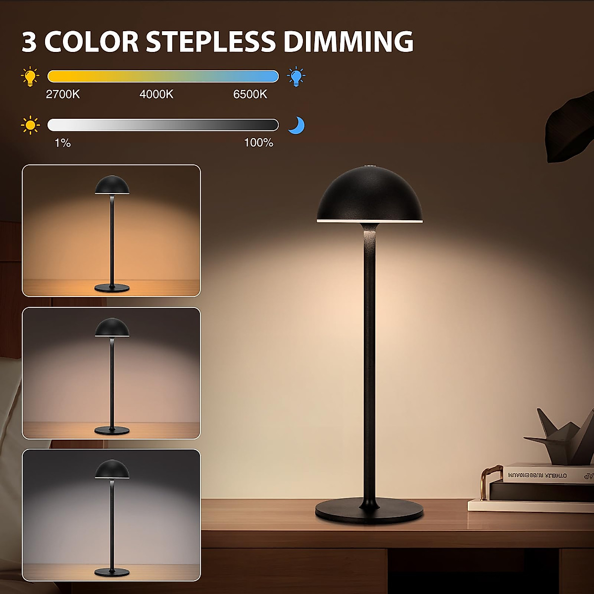 S SUNSBELL Cordless Table Lamps Metal Led Desk Lamp Portable Wireless Bedside Lamps USB Rechargeable Night Light Touch Adjustable Brightness Reading Light 5200mah Battery Powered Decoration Lights