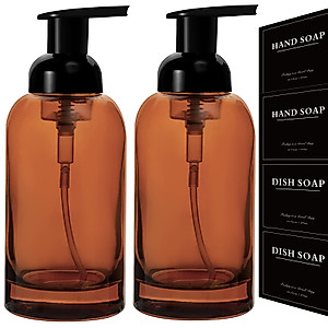 rejomiik 2 Pack Foaming Soap Dispenser Thick Glass Foam Hand Soap Dispenser for Bathroom or Kitchen Sink, 13 oz Pump Bottles for Hand soap, Body Wash, Clear Amber