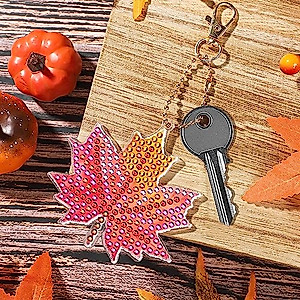 12 Pieces Fall Diamond Painting Keychains Fall Leaves Diamond Art Key Rings Double Sided Full Drill Maple Leaf 5D Diamond Pendants DIY Diamonds Hanging Ornaments for Autumn Thanksgiving Party Decor