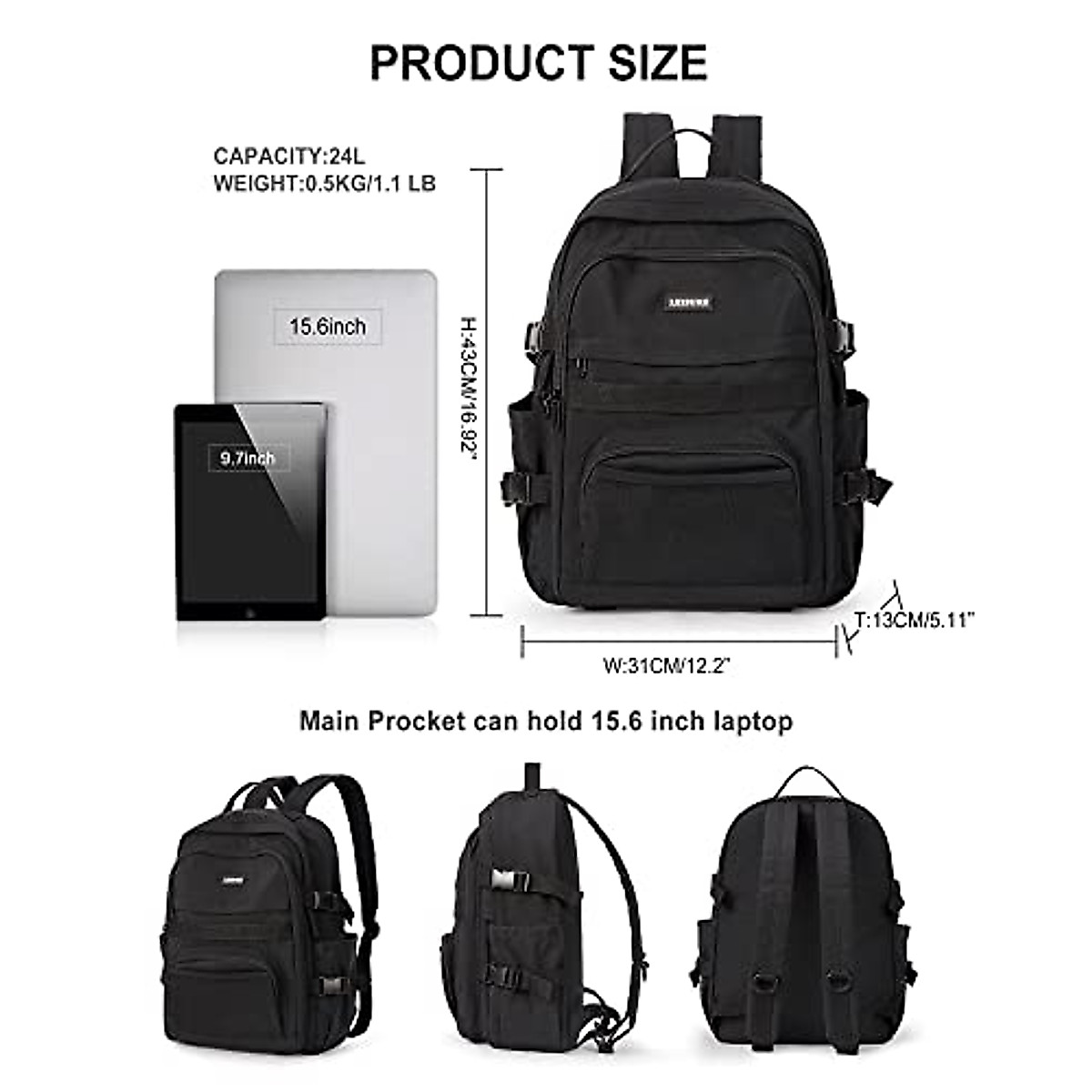 School Backpack for Teens Girls Boys,Middle High School Bookbag Casual Travel Daypack,Waterproof College Rucksack with laptop compartment Small Lightweight Business for Hiking for Women Men Black