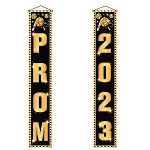 Nepnuser Prom 2023 Porch Banner Graduation Party Decor Black and Gold Glitter Dance Front Door Hanging Sign Home Indoor Outdoor Decoration