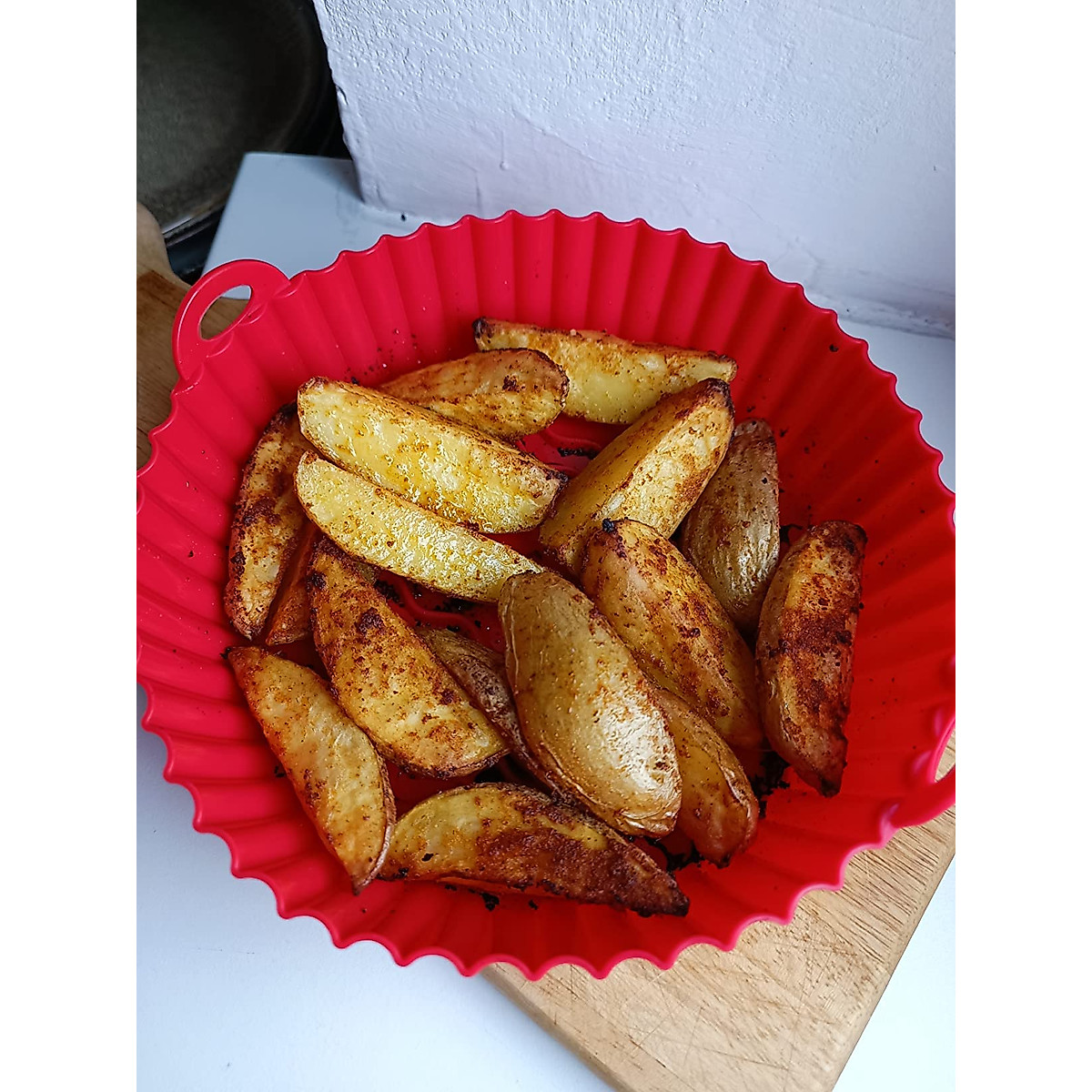 2-Pack inch 8.5 Air Fryer Silicone Liner Silicone Air Fryer Container Intensity Safe fryers Silicone Pot Round for Air fryer Stove Frill 5QT Pink+Red