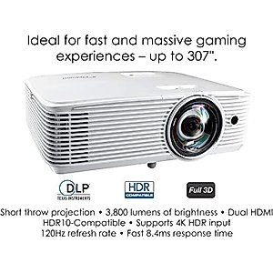 Optoma GT1080HDRx Short Throw Gaming Projector | Enhanced Gaming Mode for 1080p 120Hz Gameplay at 8.4ms | 1080p and HDR support with 4K UHD input | Bright 3,800 Lumens for Day and Night Gaming | White