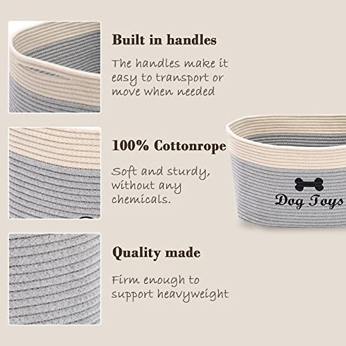 Morezi Soft Rope Dog Toy Basket with Handle, Large Dog bin, pet Bed, pet Toy Box- Perfect for organizing pet Toys, Blankets, leashes - GreyWhite