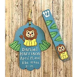 Hamsa and Mezuzah, Personalized Newborn Baby Boy Naming Bris Gift, Jungle Lion Design