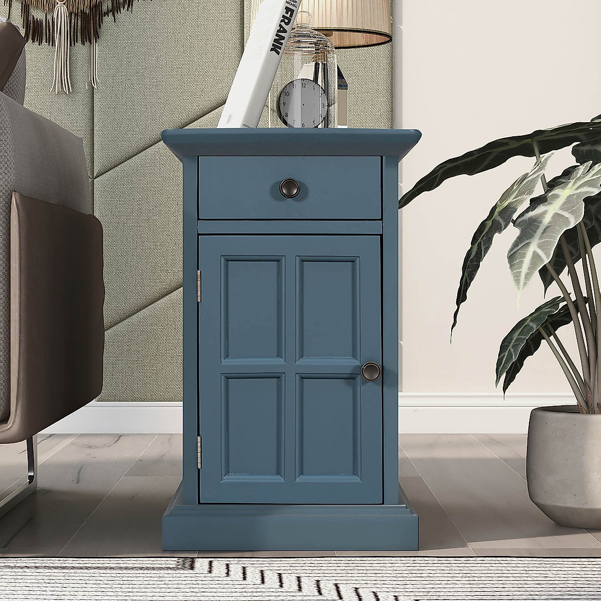 Wood Nightstand with Charging Station,End Table Side Table with 1 Multifunctional Drawer Built-in Cup Holders and USB Ports,for Living Room,Bedroom (Antique Navy@c)