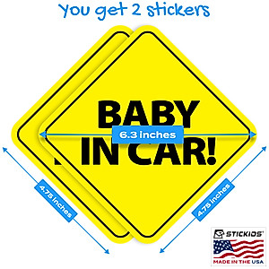 Stickios Baby in Car Stickers for Boys & Girls (2-Pack) - Paint-Safe, Removable, Non-Magnetic Baby Safety Stickers for Cars & Windows - Baby Yellow (2 Vinyl Decals)