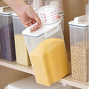 Rice Storage Container 2kg Dry Food Airtight Cereal Container with Measuring Cup Lid, BPA-Free Plastic Transparent Bulk Grain Dispenser Box for Oatmeal, Flour, Nuts