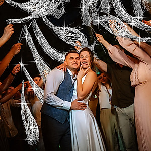 Motionchic 100 Pcs Wedding Wands Bulk 35.4 Inches Long Metallic Foil Christmas Tinsel Sticks with Bells Glitter Foil Tinsel Streamers for Bridal Wedding Send Off Ideas Celebration Supplies(Silver)