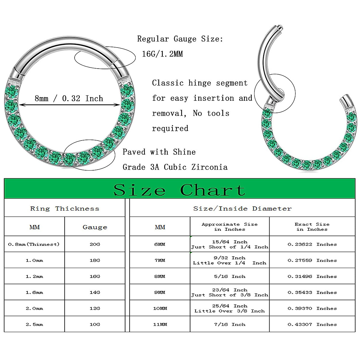 Showself 16G Septum Rings Septum Clicker Green Cubic Zirconia Septum Jewelry Surgical Steel 16 Gauge Daith Hoop Earrings Daith Piercing Jewelry (8mm)