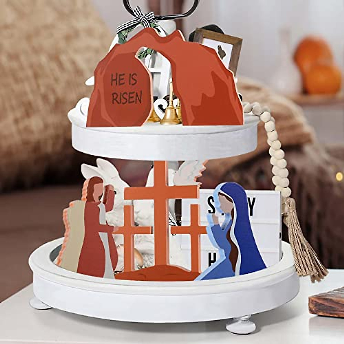 Ufkaa Easter Decorations, 4pcs Religious He is Risen Decor, Wooden Empty Tomb Resurrection Scene, Cross Table Christian Spring Decor, Farmhouse Easter Nativity Tier Tray Decor for Home Mantle