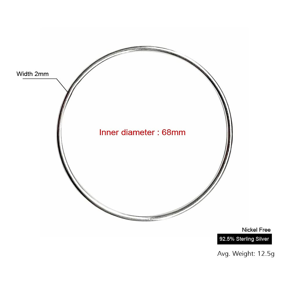 Meilanduo 925 Sterling Silver 2mm High Polished Round Circle Bangle Shiny Minimalist Bangle Bracelet for Women (3Pcs, 68mm for Large Wrists)