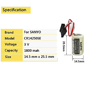 STEPMAX (2 Pack Sanyo FDK CR14250SE 3V Lithium Battery, 1800mAh 1/2AA PLC Battery for 1747-BA Backup Power Supply with Balck Plug