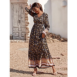 PRETTYGARDEN Long Dress Long Sleeve - Floral Button V Neck Casual Spring Boho Maxi Dresses (Black Yellow,X-Large)