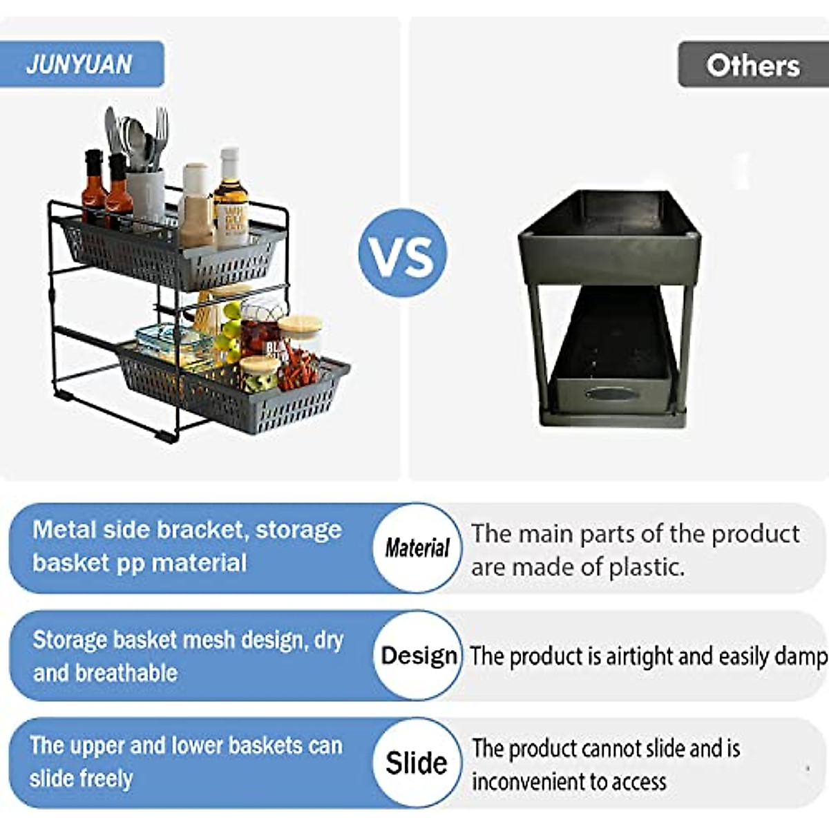 junyuan Under Sink Organizers and Storage,Bathroom Countertop Organizer,Pull Out Cabinet Organizer Baskets with Dividers,Black