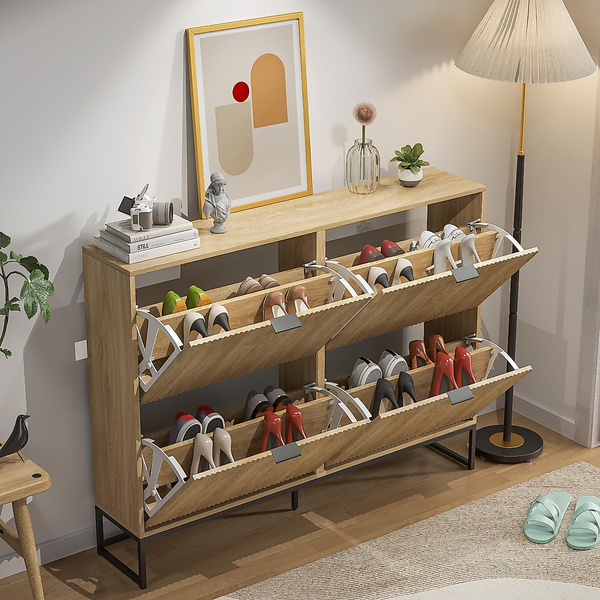 Jluomei Shoe Cabinet Storage for Entryway Slim Modern Shoe Rack Cabinet with 4 Flip Drawers Tipping Wooden Narrow Shoe Cabinet Freestanding Fluted Shoe Organizer for Living Room, Wood