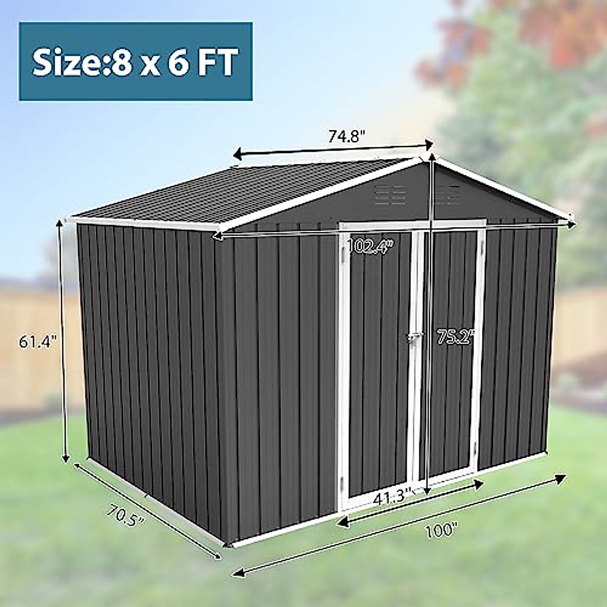 Zevemomo 8 x 6 ft Outdoor Storage Shed, All Weather Tool Shed with Metal Foundation & Lockable Doors, Metal Shed Outdoor Storage for Garden, Patio, Backyard, Lawn, Grey