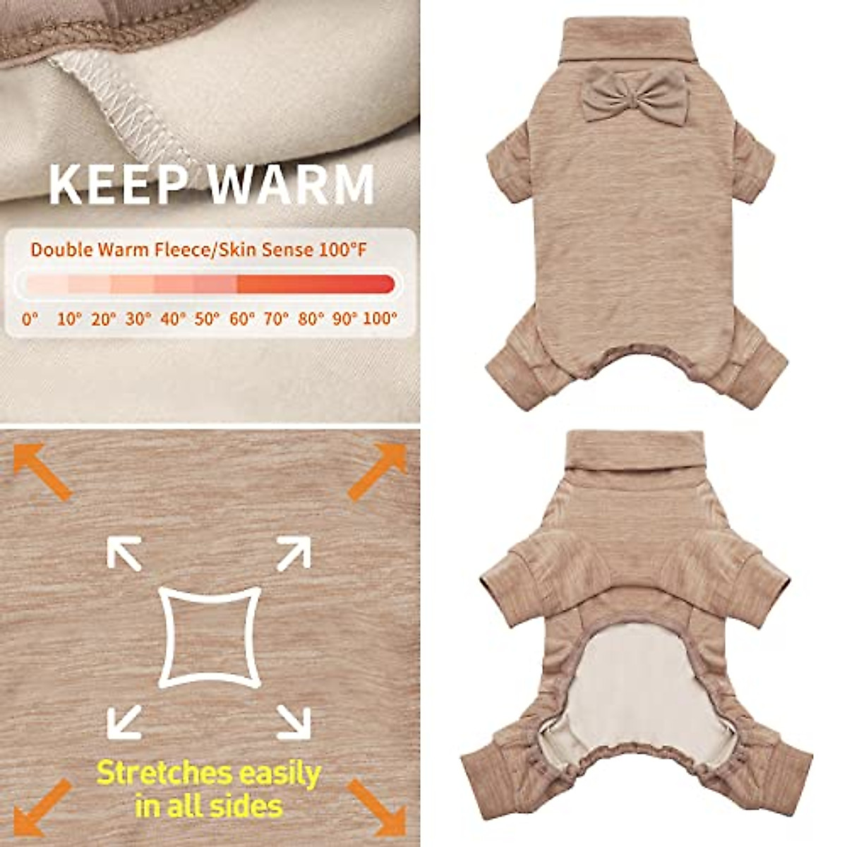 KYEESE Dog Pajamas for Small Dogs Turtleneck Stretchy Dog Pjs Super Soft Warm Material Dog Onesie with Bowtie Puppy Pajamas, Khaki,XS
