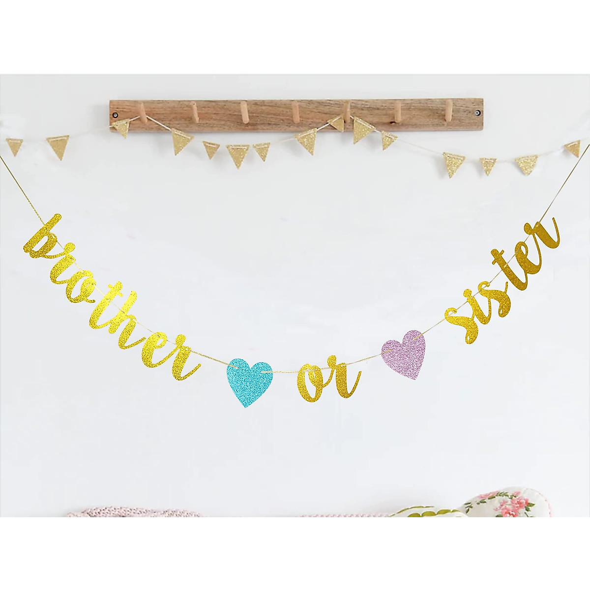 Swdthnh Gender Reveal Party Decorations - Glitter Letters Brother or Sister with Hearts Banner for Baby Shower Party Decorations, Gold
