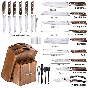 21 Packs Knife Set with Block, 2023 Kitchen Knife Set Sharpener Rod & Finger Guard, Germany High Carbon Stainless Steel Chef Knife Block Set, Ultra Sharp Forged, Brown