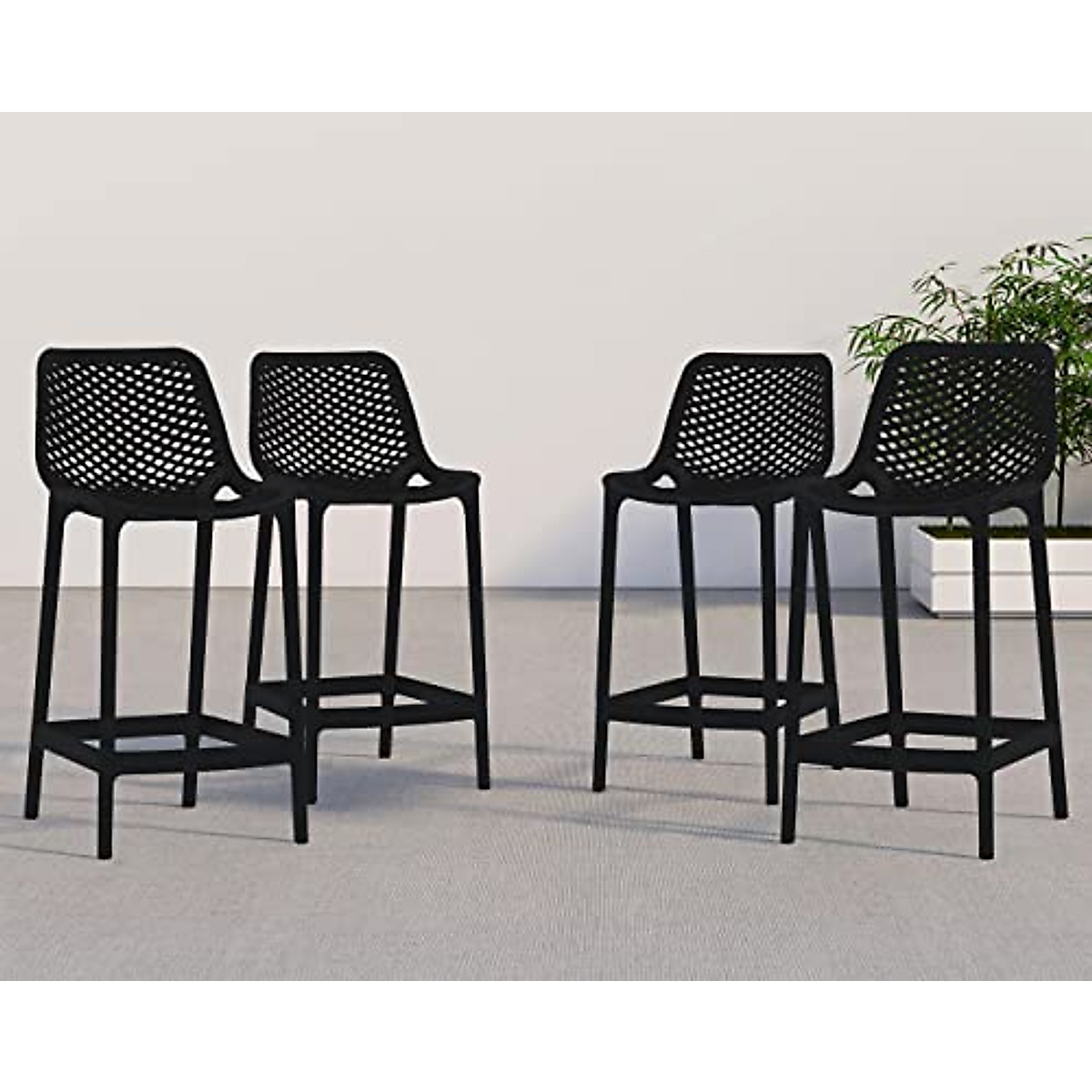 Meridian Furniture 330Black Mykonos Collection Modern | Contemporary Outdoor Patio Stool with Black Polypropylene Plastic, Weather Resisting, 17.5" W x 21" D x 38" H, Black, Set of 4