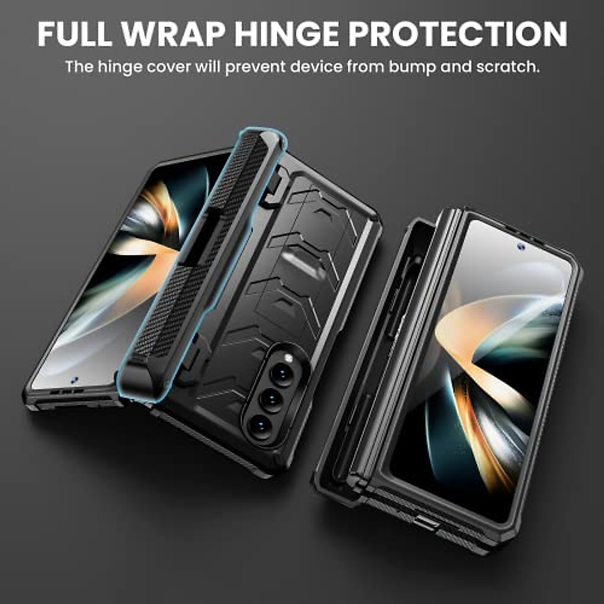 Maxdara Galaxy Z Fold 4 Case - S Pen Holder, Kickstand, Hinge Protection & Built-in Screen Protector (Black)