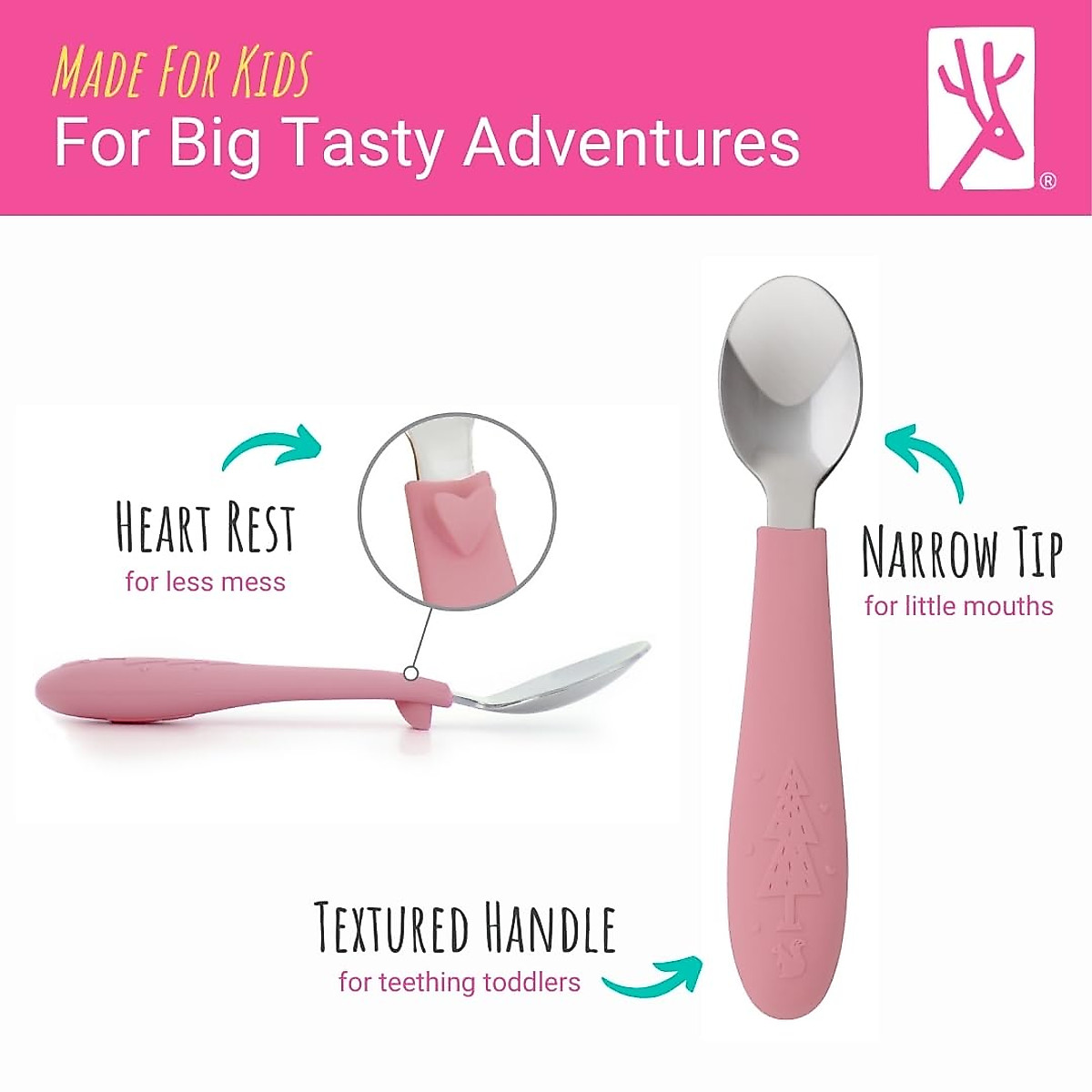 Elk and Friends Kids Silverware with Silicone Handle | Childrens Safe Flatware | Toddler Utensils | Baby Spoons + Forks | Stainless Steel Cutlery